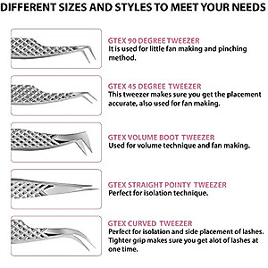 GTEX Lash Tweezers For Eyelash Extensions Tweezers Set of 5, Japanese Stainless Steel, Straight Curved 45 90 Degree Volume Eyelash Tweezers - SILVER