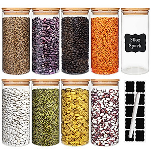 Glass Food Storage Containers Jars with Airtight Bamboo Lid 30oz 8pcs, 890ml Pantry Organization Jar, Glass Terrarium with Lid, Spice, Tea, Flour and Sugar Container, Canister Set for Kitchen Counter