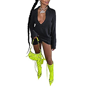 LYANER Women's Sexy Collar V Neck Wrap Hem Long Sleeve Club Party Bodycon Mini Dress Black Small