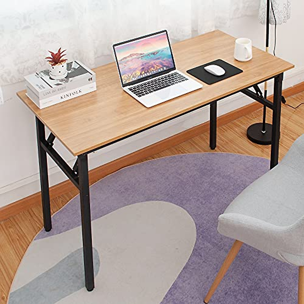 Coral Flower Office Desk 55 inches Folding Table Computer Table Workstation，Light Oak