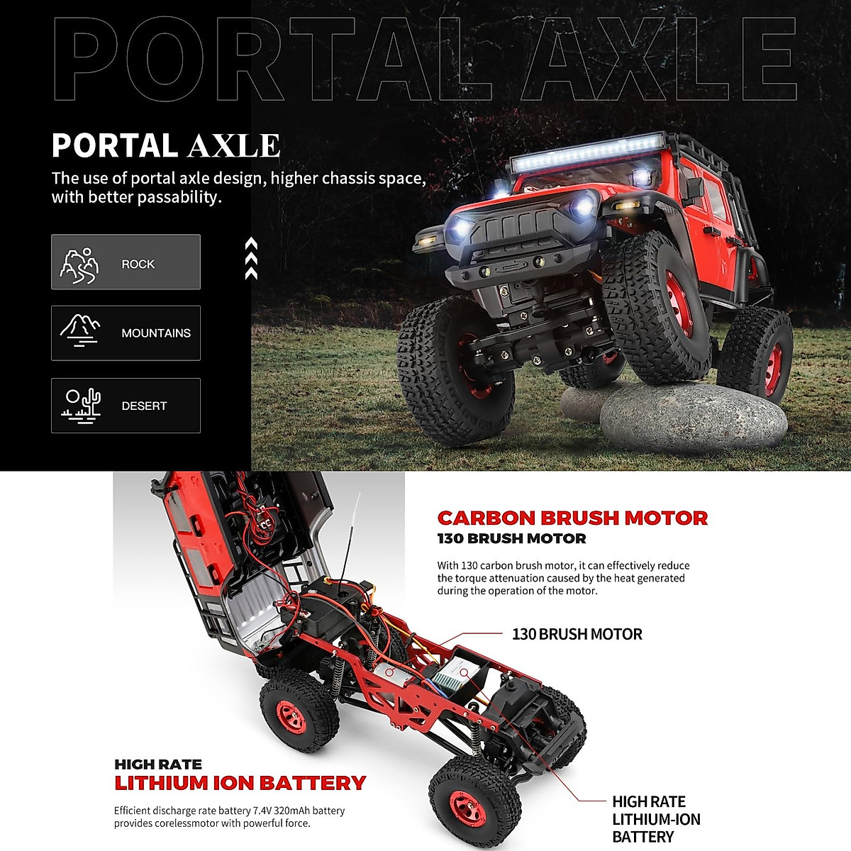 HTLNUZD 1/24 RC Truck 2428 4WD Electric RC Rock Crawler with LED Light 130 Carbon Brush Motor 3KM/H All Terrain Off Road Racing Car for Christmas,Festival Gift