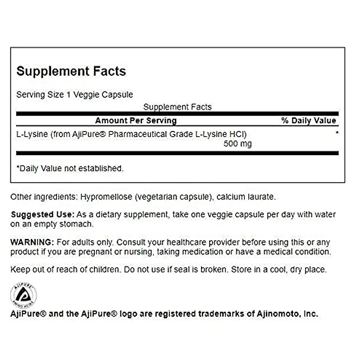 Swanson Amino Acid Ajipure L-Lysine Pharmaceutical Grade 500 Milligrams 90 Veg Capsules (2 Pack)