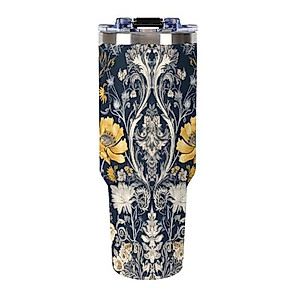 YTLKGFP 40 Oz Large Capacity Car Cup With Floral Pattern Tumbler with Handle (Black) Straw Lid Insulated Stainless Steel Water Bottle Travel Mug Leak-proof Car Cup Keeps Cold Or Hot