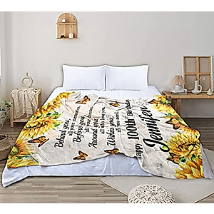 100 Years Old Sunflower Fleece Sherpa Throw Blanket Motivational Gifts for Women Girls Sister Godmother Custom Happy 100th Birthday Gift Bed Chair Sofa Couch Home Decorations