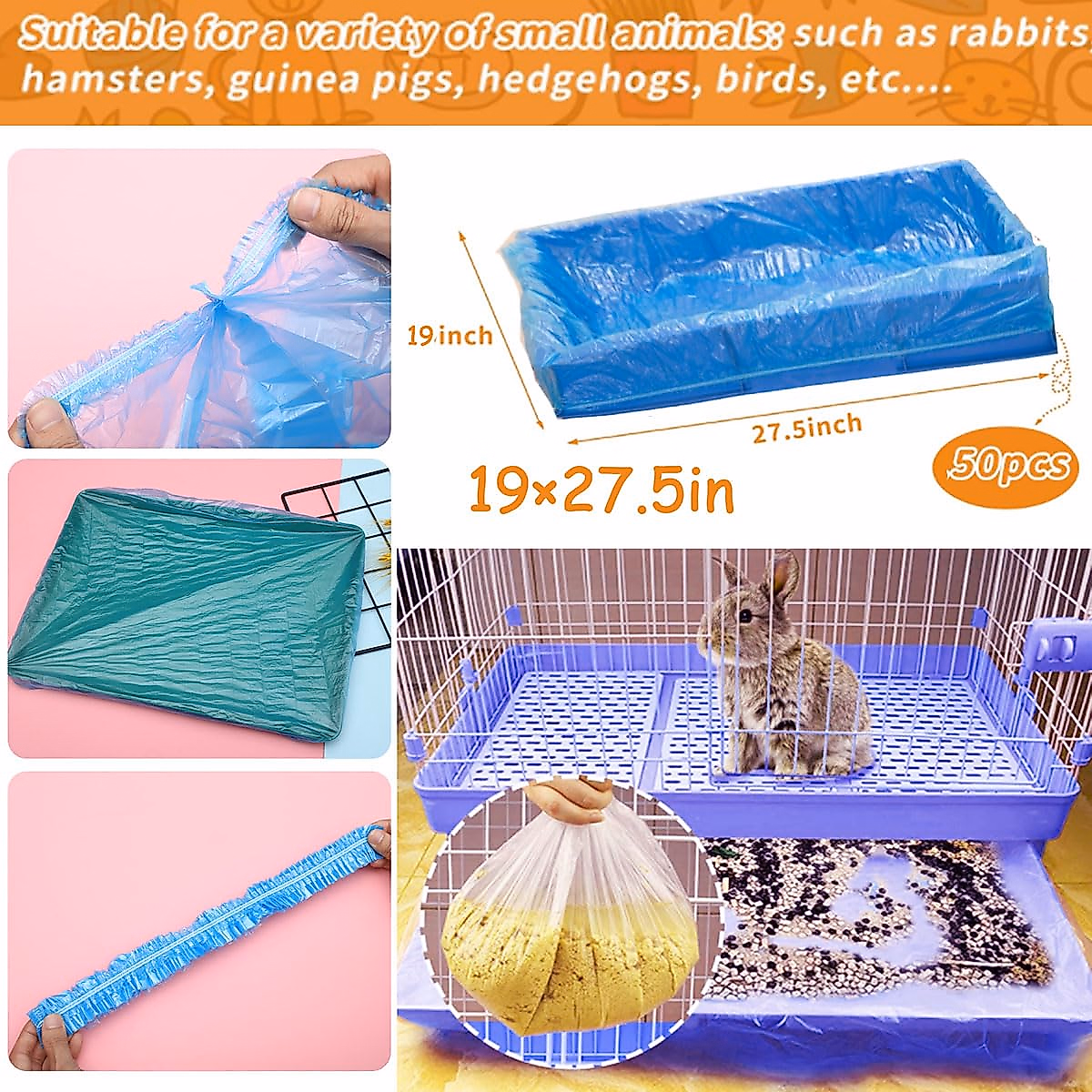 50Pcs Cage Liners for Small Animals-Upgrade Blue Disposable Rabbit Cage Liner Plastic Guinea Pig Cage Bedding Hamster Litter,Leak Proof Cage Liner Bag Toilet Film for Bunny Hamster Hedgehog Cage