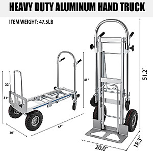 TOPDEEP 3in1 Aluminum Hand Truck,Convertible Hand Truck Dolly Large Size 1000 lb Capacity, Utility Cart Converts from Hand Truck to Platform Cart with 10" Hi Tech Rubber Wheels