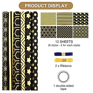 BEISHIDA 6 Styles Christmas Gift Wrapping Paper Set with Ribbon&Double-Sided Tape,Birthday Gift Wrapping Paper with Black Gold-Metallic Foil Design,DIY Craft,12 Sheets Folded 20x28in