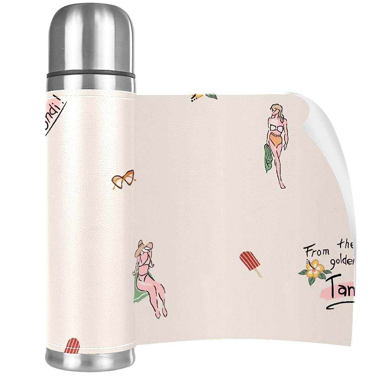 Stainless Steel Leather Vacuum Insulated Mug Beach Girl Thermos Water Bottle for Hot and Cold Drinks Kids Adults 16 Oz