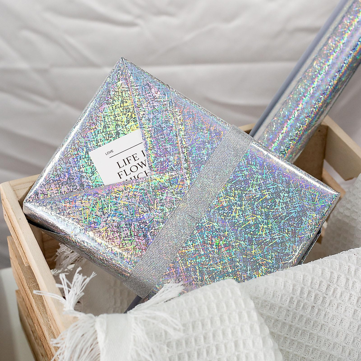 Homeral Mini Holographic Wrapping Paper Roll-46.8sqft(17inch*32.8ft) Silver Shine Stripe Line for Christmas, Birthday, Wedding, Baby Shower, Bridal Shower, Graduate Party, Valentine's Day