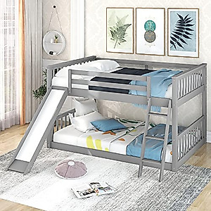 GLORHOME Full Over-Full Wood Bunk Bed with with Convertible Slide and Ladder, Solid Slat Support Bedframe for Kids Teens Bedroom, No Box Spring Needed, Grey