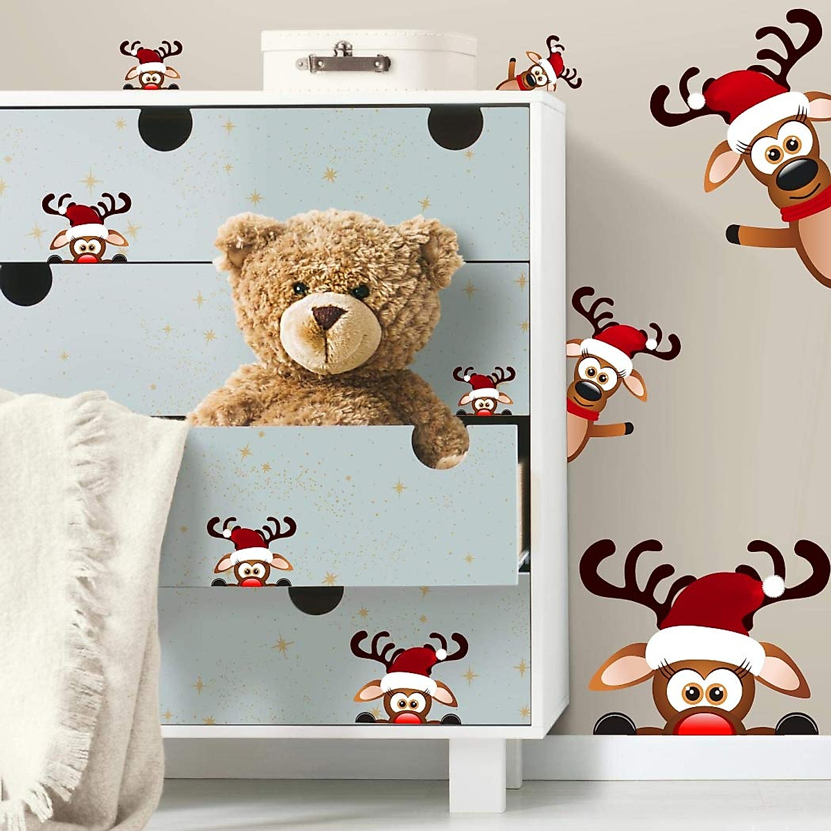 TOARTi Christmas Reindeer Wall Decal,Lovely Christmas Wall Sticker for Kids Room Decoration,Adorable Window Cling Decal,Christmas Home Decals (9 pcs)