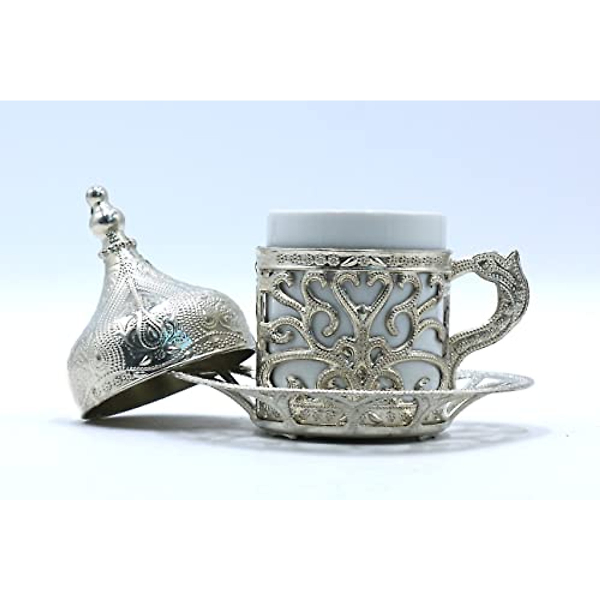 Küchengeräte Turkish Greek Arabic Moroccan Coffee Cup - Set of 2 - Espresso Cup with Inner Porcelain Metal Holder Plate and Lid - 2 Cups Consists of 8 Pcs - Best Gift Idea