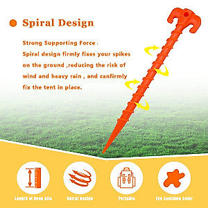 YHTIMIOX 15 Pcs Canopy Stakes Spiral Plastic Tent Pegs 10 inch Camping tent stakes peg Heavy Duty Beach Tent Pegs Orange