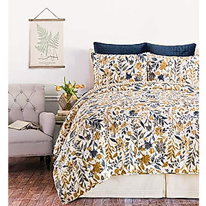 C&F Home Natural Home Full Queen Cotton Quilt Set All-Season Oversized Reversible Floral Leaves Bedding 3 Piece with Shams Full/Queen 3 Piece Set Yellow