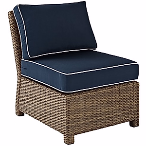 Crosley Furniture Bradenton 5-Piece Outdoor Sectional Sofa Wicker Conversation Patio Furniture Set for Deck, Brown with Navy Cushions