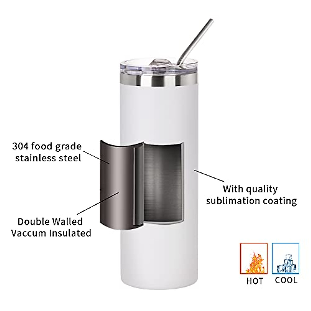 PYD Life Sublimation Blanks Tumbler Skinny Straight Matte White Powder Coating 20 OZ Coffee Stainless Steel Tumbler Cups with Lid and Metal Straw for Tumbler Heat Press 4 Pack