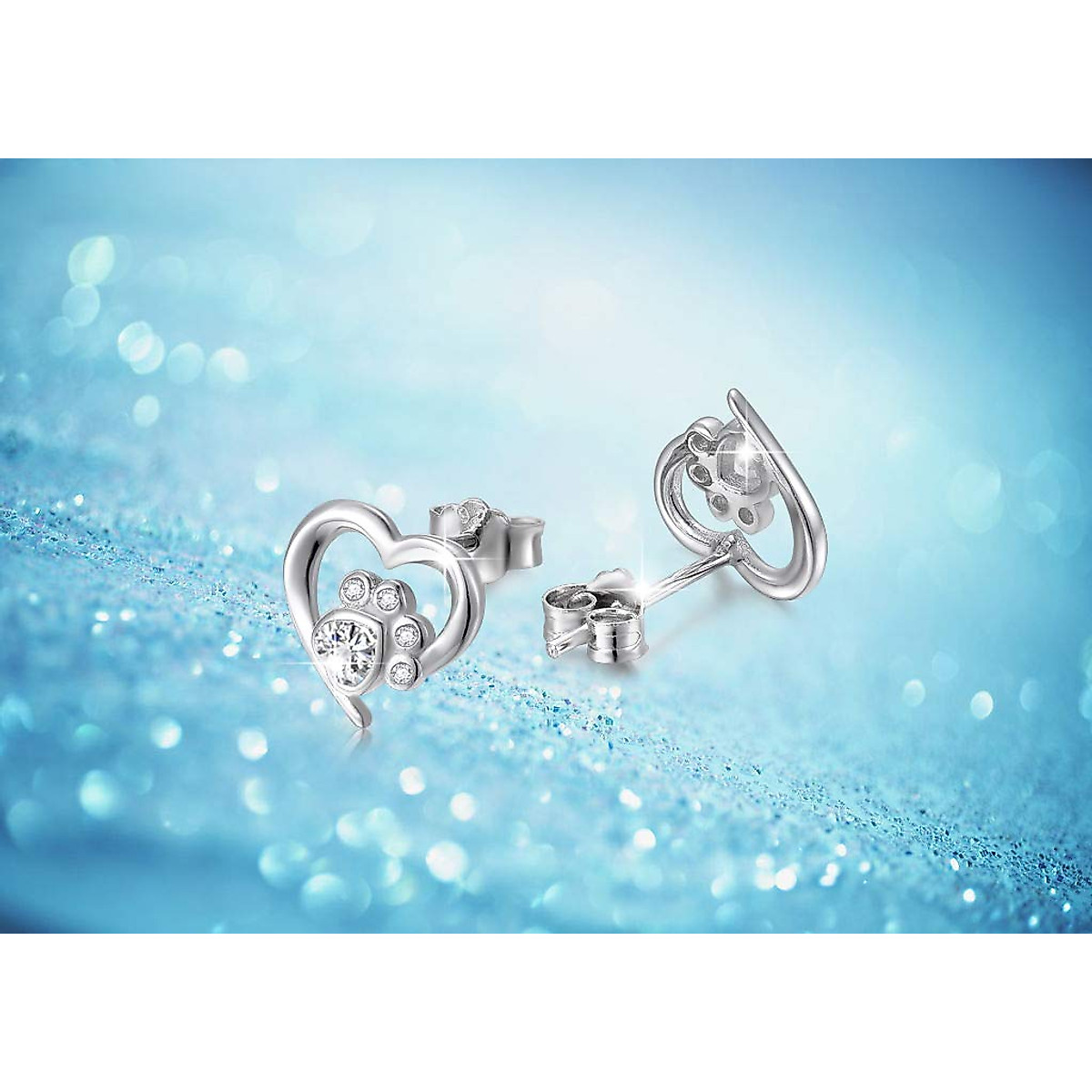 Heart Paw Jewelry 925 Sterling Silver Cute Heart CZ Cat Puppy Dog Paw Print Stud Earrings for Women Friends Birthday Jewelry (Nickel Free)