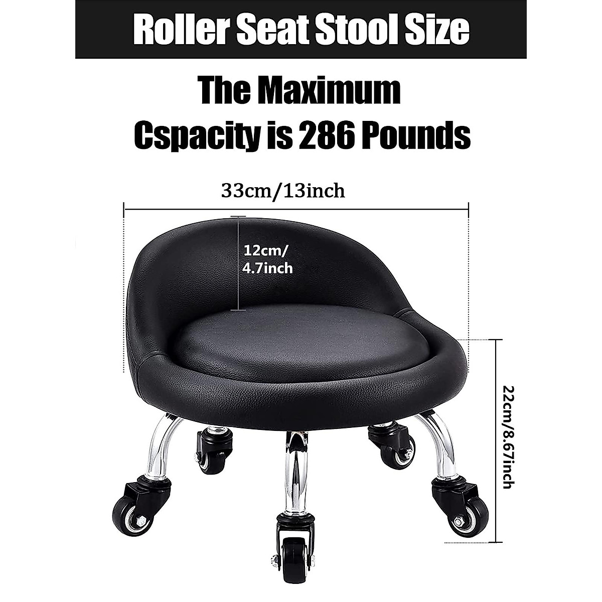 Lanstics Low Roller Seat Stools on Wheels Chair Leather Cushion Roller Seats with Back Rest Small 360 Rotating Rolling Stool Seats for Home Office Fitness Round Rolling Seat (Black)