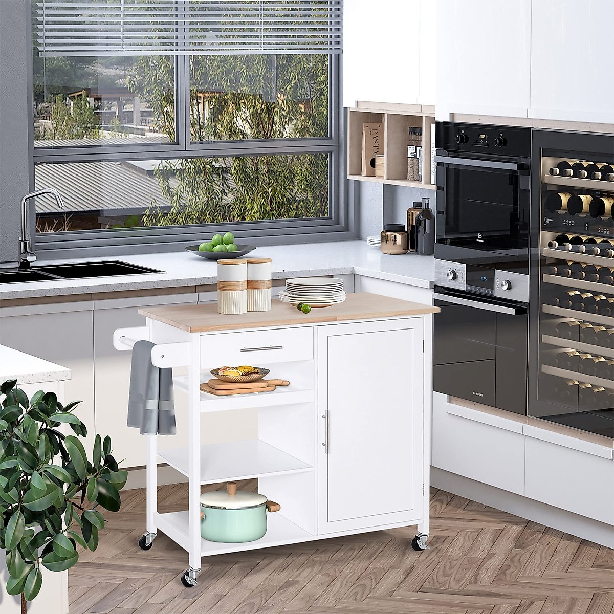 HOMCOM Rolling Kitchen Island with Storage, Kitchen Cart with Solid Wood Countertop, Drawer, Adjustable Shelf and Wine Rack, White