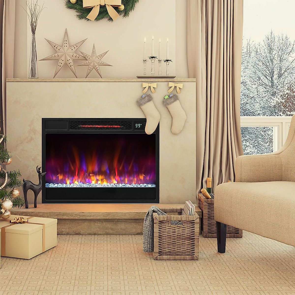 COSTWAY Electric Fireplace Inserts 23-inch Wide, 1500W Recessed Fireplace Insert with Remote Control, 6 Flame Colors, 5 Brightness, 8H Timer, Overheat Protection, Infrared Fireplace Heater for Indoor