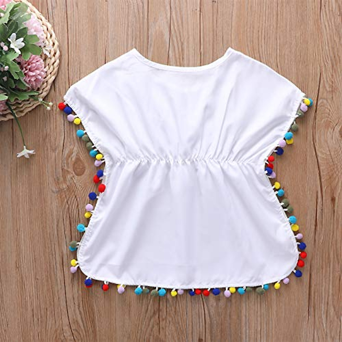 Tiacham Toddler Baby Girls Swimsuit Coverup Beach dresses Tassels Cover Up Pompom Poncho Rash Guards (White, 3-4T)