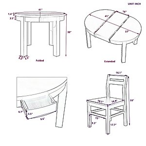 Merax Round Dining Table Set for 4, Extendable Wood Frame with Drawers and Wooden Chairs, Built-in 16" Removable Leaf, Natural