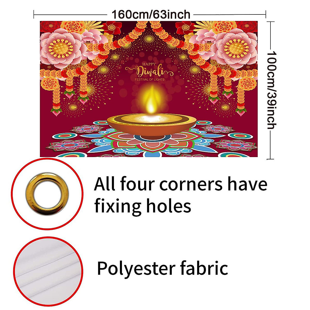 Happy Diwali Backdrop Banner Festival of Lights Diwali Decorations Party Supplies, Deepavali Background Banner for Photo Backdrop