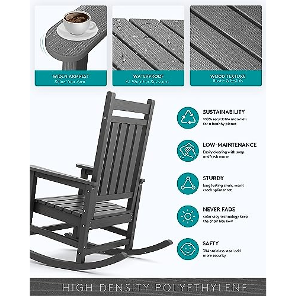 SERWALL Outdoor Rocking Chair Set of 2, HDPE Rocking Chairs for Adult, All Weather Porch Rockers for Lawn Garden, Grey