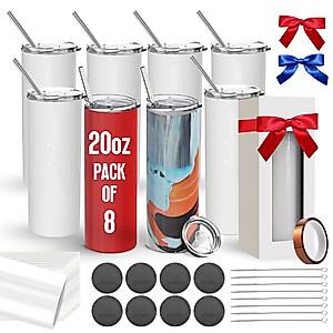The Brandster Sublimation Tumblers 20 OZ Skinny Bulk, Double-Walled Stainless Steel Sublimation Blanks Tumblers, with Lid, Straw, Heat Tape, Shrink Wrap, Gift Boxed to Personalize & Gift