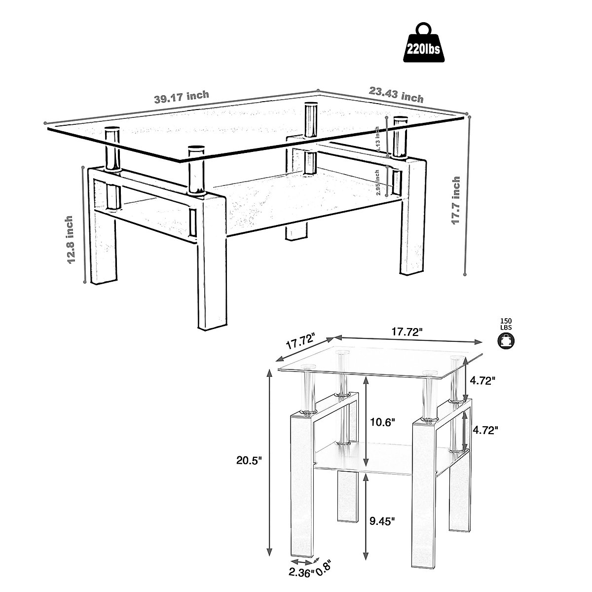Coffee Table Set, Glass Coffee Table and 2 End Tables, Modern Table Set for Living Room, (Black, coffee table + 2 end tables)