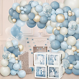 iLaFm 150Pcs Dusty Baby Blue Balloon Arch Garland Kit, Sand White Slate Fog Pastel Baby Blue Balloons Metallic Gold for Boy Baby Bridal Shower Birthday Wedding Party Decorations