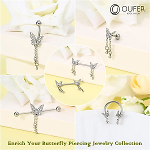 OUFER Butterfly Industrial Piercing Jewelry,14G Surgical Steel Industrial Barbells, Chain Industrial Earrings, Industrial Bar For Women