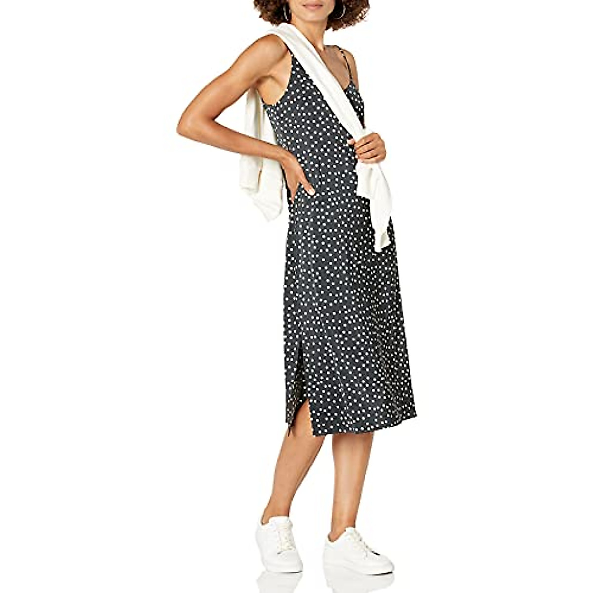 The Drop Women's Ana Silky V-Neck Midi Slip Dress, Black/White Polka Dot, L