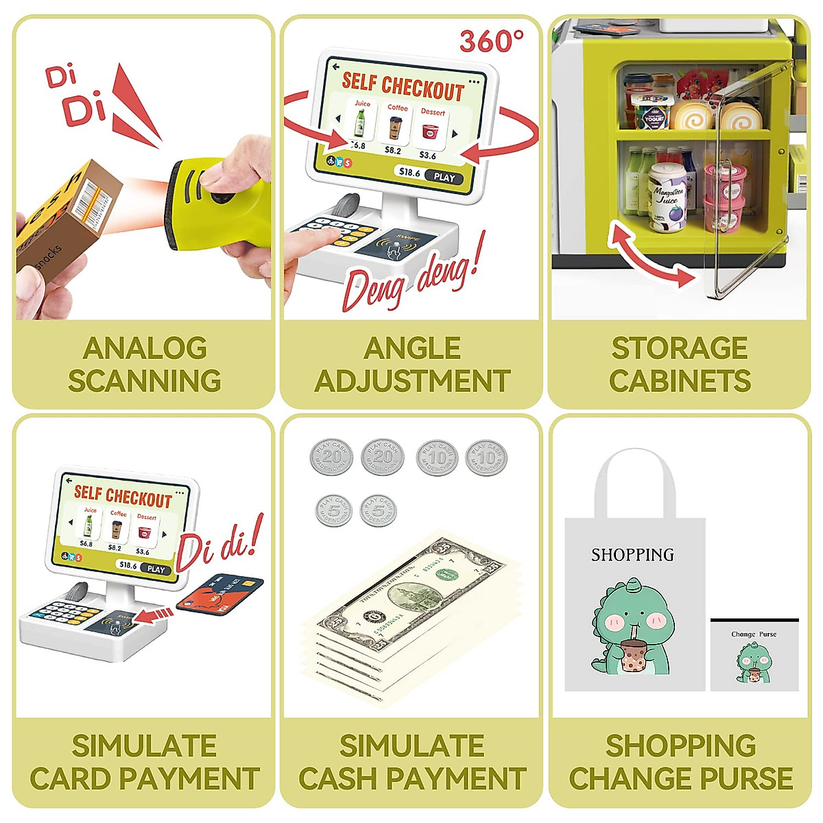 Cash Register Playset for Kids - 48PCS Pretend Play Money, Calculator, Scanner, Credit Card and Play Food for Boys and Girls Ages 3+ (668-124)