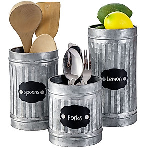 MyGift Rustic Galvanized Corrugated Metal Utensil Holder Storage Canister with Vintage Chalkboard Label, 3 Piece Set