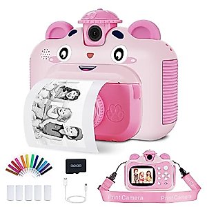 Instant Print Digital Kids Camera,Selfie 1080P Video Camera for Kid with 180° Rotating Len,32GB TF Card,Print Paper,Color Pens Set,Rechargeable Toy Camera for 3-12 Years Old Girls Boys Birthday (Pink)