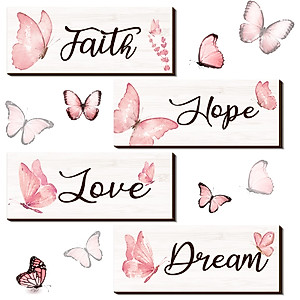 4 Pieces Faith Hope Love Dream Wall Decor Elegant Spring Butterfly Wooden Hanging Decoration Art Butterfly Room Wall Rustic Living Room Accessories for Bedroom Decor(10 x 4 x 0.2 Inch,Pink)