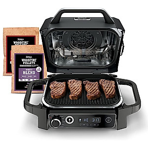 Ninja OG701 Woodfire Outdoor Grill & Smoker 7-in-1 Air Fryer Bake Roast Broil uses Woodfire Pellets(1 Pack Included) Portable, Electric, Grey(Renewed)