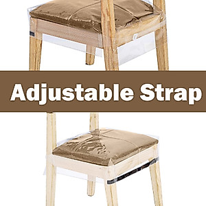 4 Pack Plastic Seat Covers, Plastic Chair Covers for Dining Room Chairs, Stain, Water and Kitty Scratch Resistant Clear Pvc Chair Protector with Adjustable Strap for Most 18" - 20" Standard Chair