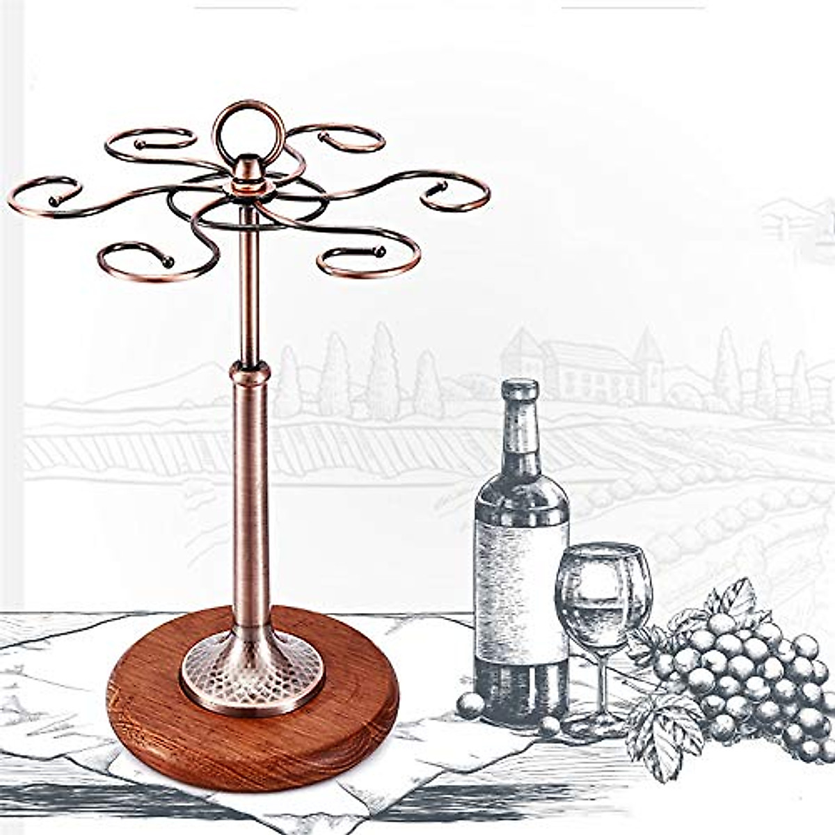 NJZYB Vintage Style Wine Glass Stemware Racks, Elegant Stemware Holder Stand with 6 Hooks, Artistic Tabletop Display, for Home, Bar Storage, Home, Restaurant,Red Copper