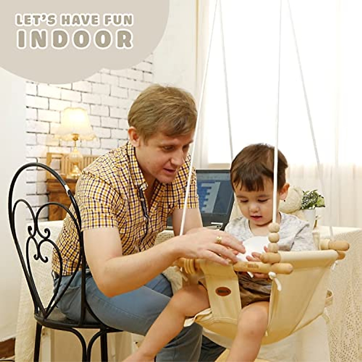 BBkids Indoor Baby Swing, Canvas Baby Swing, Wooden Hammock Hanging Swing Seat Chair with Safety Belt, Outdoor Kids Toddler Baby Tree Swing, Full Set of Ceiling Screws. (Grey)