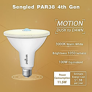 Sengled Motion Sensor Light Bulbs, Dusk to Dawn Outdoor Lighting, PAR38 Led Motion Sensor Flood Light 100 Watt Equivalent(11.5W), 3000K Warm White, Waterproof Outdoor/Indoor, 2 Pack