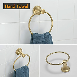 BESy Brushed Gold 4 Piece Bathroom Accessories Set (Single Towel Bar, Towel Ring, Toilet Paper Holder, Double Towel Hooks), Wall Mounted Bath Hardware Accessory Fixtures Set