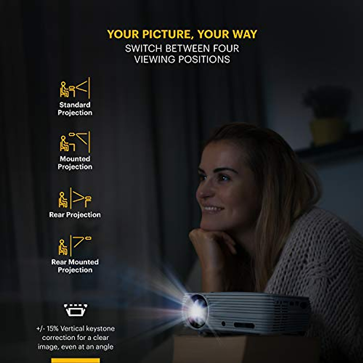 KODAK FLIK X7 Home Projector (Max 1080p HD) with Tripod, & Case Included | Compact, Projects Up to 150” with 720p Native Resolution & 30,000 Hour, Lumen LED Lamp| AV, VGA, HDMI & USB Compatible