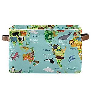 Rectangular Storage Bin World Animal Map Travel Basket with Handles - Organizer Bin for Toys, Books, Laundry Basket for Kids/Pets, Playroom