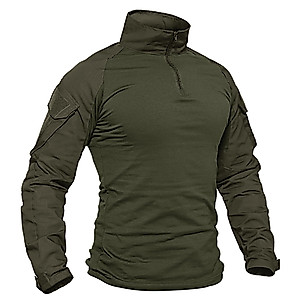 TACVASEN Tactical Shirt for Men 1/4 Zip Combat Shirt Long Sleeve with Pockets Army Pullover Military Lightweight Hiking Shooting Training Green L