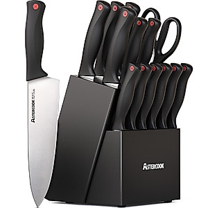 Astercook Knife Set with Built-in Sharpener Block, Dishwasher Safe Kitchen Knife Set with Block, 14 Pcs High Carbon Stainless Steel Block Knife Set with Self Sharpening and 6 Steak Knives, Black