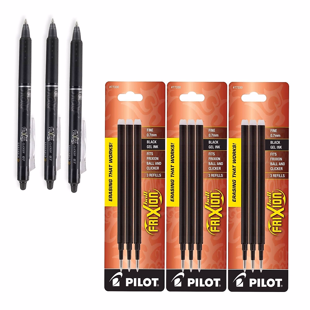Pilot Gel Ink Refills for FriXion Erasable Gel Ink Pen, Fine Point, Black Ink Bundle: Bundle Includes 3 Packs 9 refills total and 3 Frixion Pen