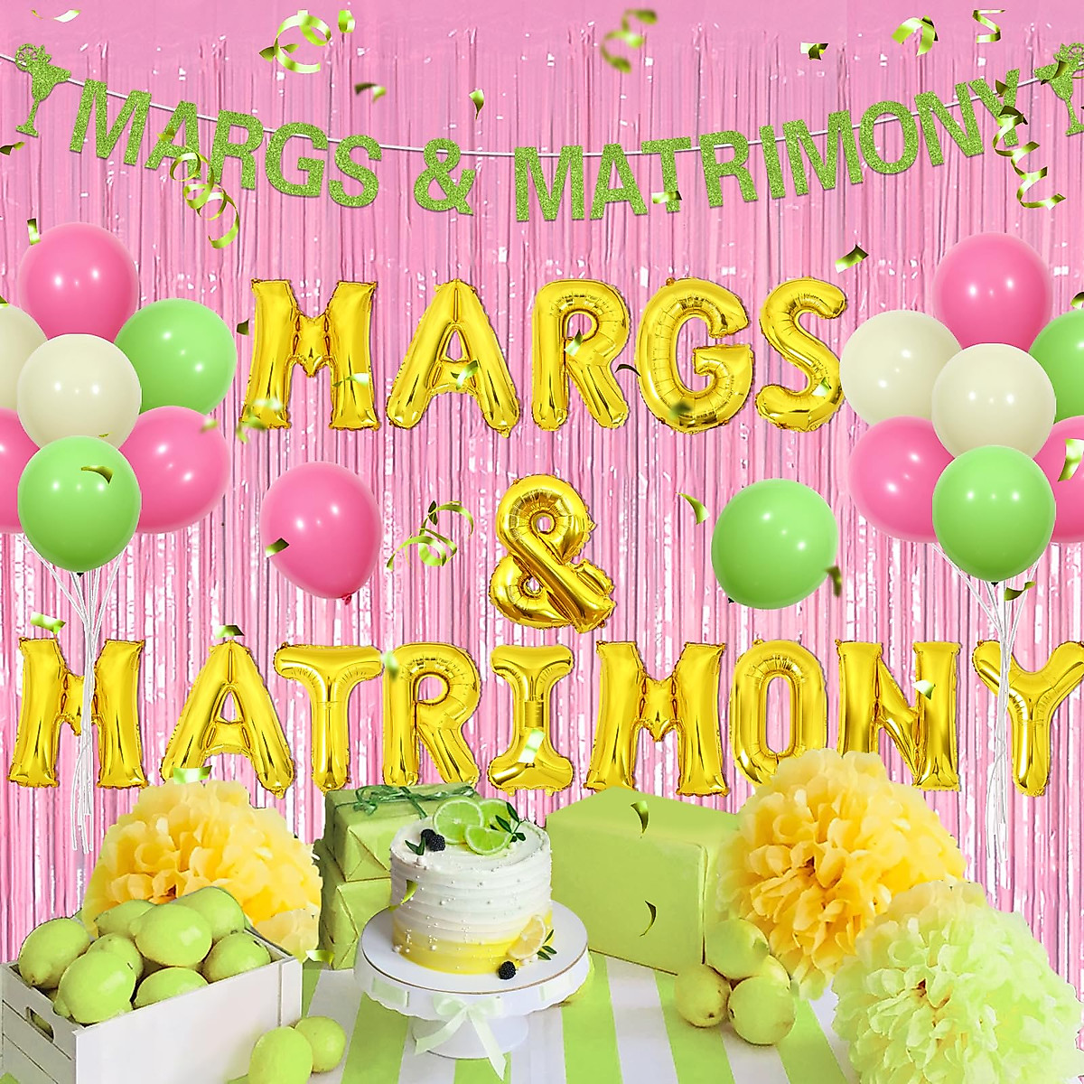 Balterever Margs and Matrimony Bachelorette Decoration Margs & Matrimony Balloon Banner Garland Margarita Lemon Ring Balloon Green for Margarita Bachelorette Party Wedding Mexican Fiesta Bridal Shower
