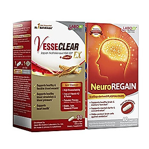 LABO Nutrition VesseCLEAR EX + NeuroREGAIN: Nattokinase NSK-SD, Elastin F for Clean & Flexible Blood Vessel, Cardiovascular & Circulation Support, Scallop-derived PLASMALOGEN for Brain Deterioration